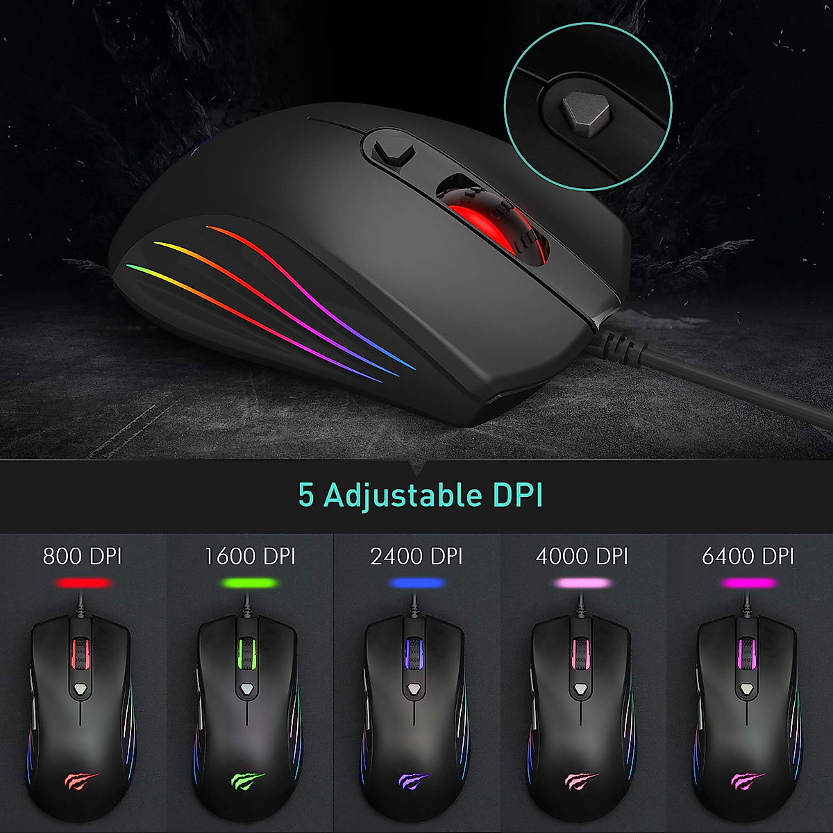 Havit Gaming Mouse Wired 7200DPI RGB Backlit Comfortable Computer Ergonomic USB Programmable Mice 1000Hz Polling Rate for Laptop Desktop PC Gamer (Renewed)