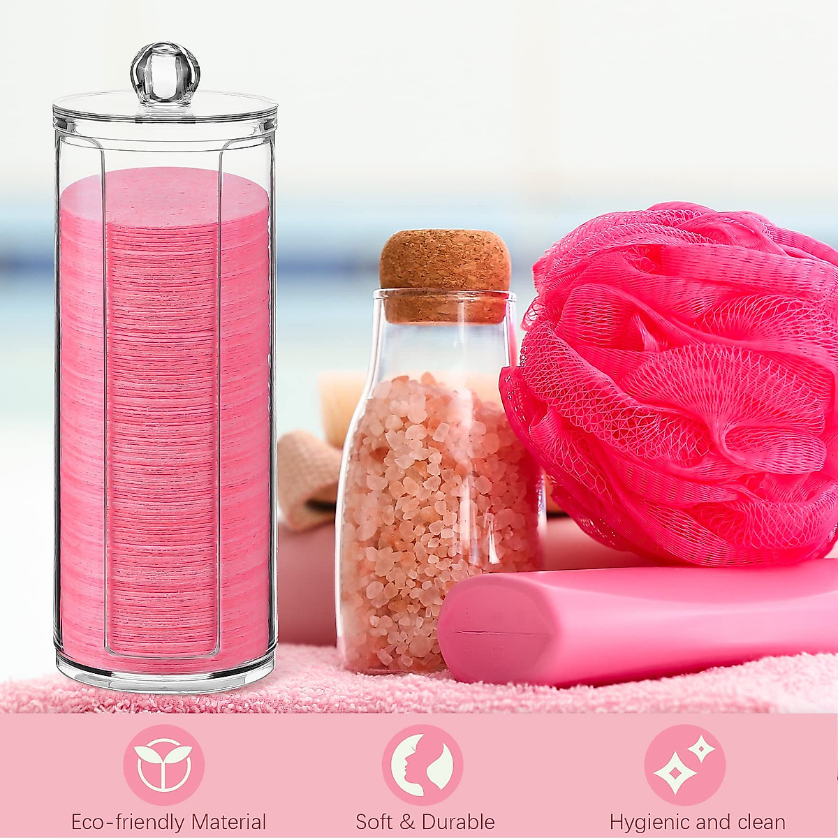 120pcs Compressed Facial Sponges Natural Face Exfoliator Disposable Face Sponges for Cleansing Round Soft Facial Scrubber Pads with Storage Container for Makeup Removal Esthetician Travel (Pink)