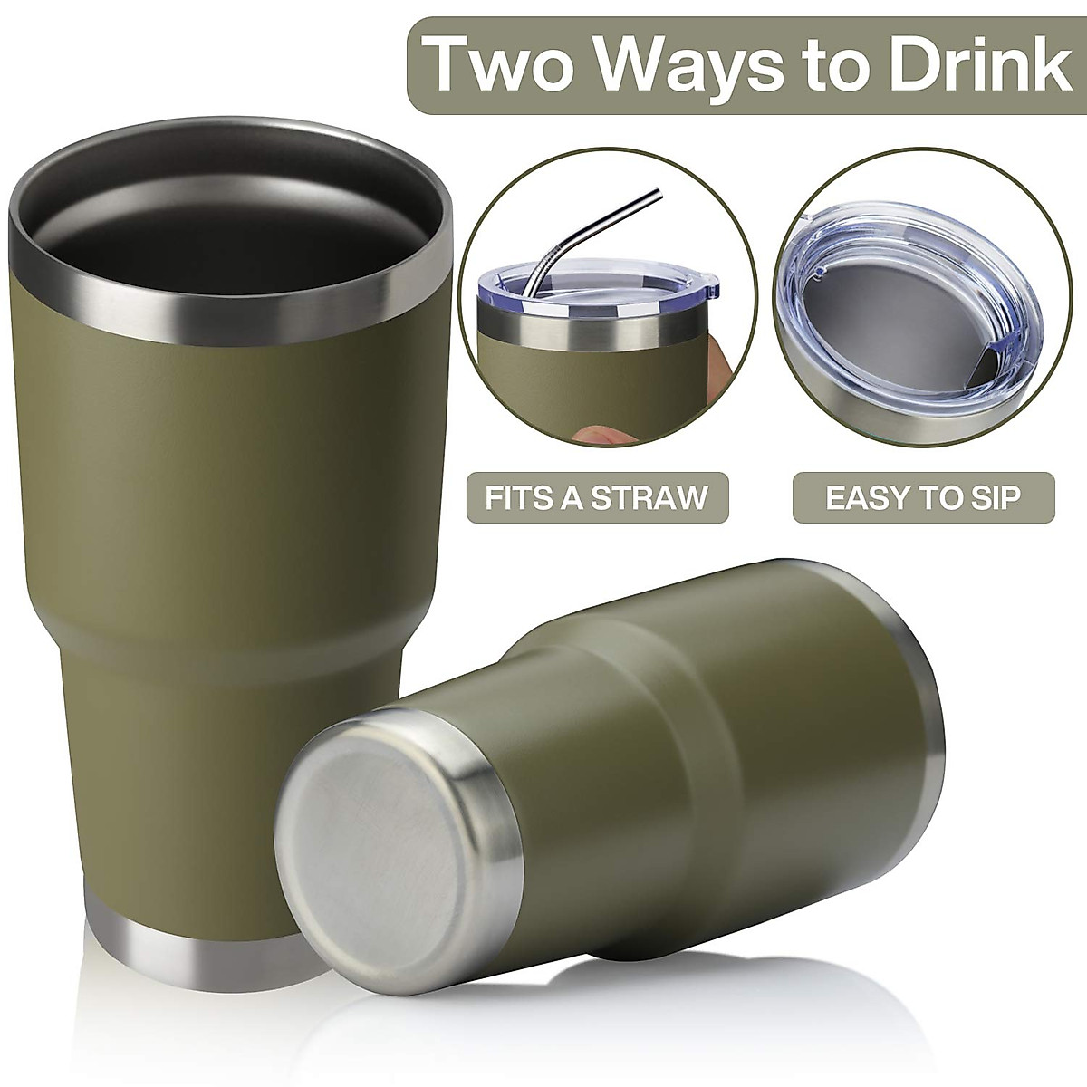 MEWAY 30oz Insulated Tumbler With Lids and Straws,Stainless Steel Double Vacuum Coffee Tumbler Cup, Brush, Durable Powder Coated Coffee Cup for Cold & Hot Drinks, Office, Travel(Army Green,4 PACK)
