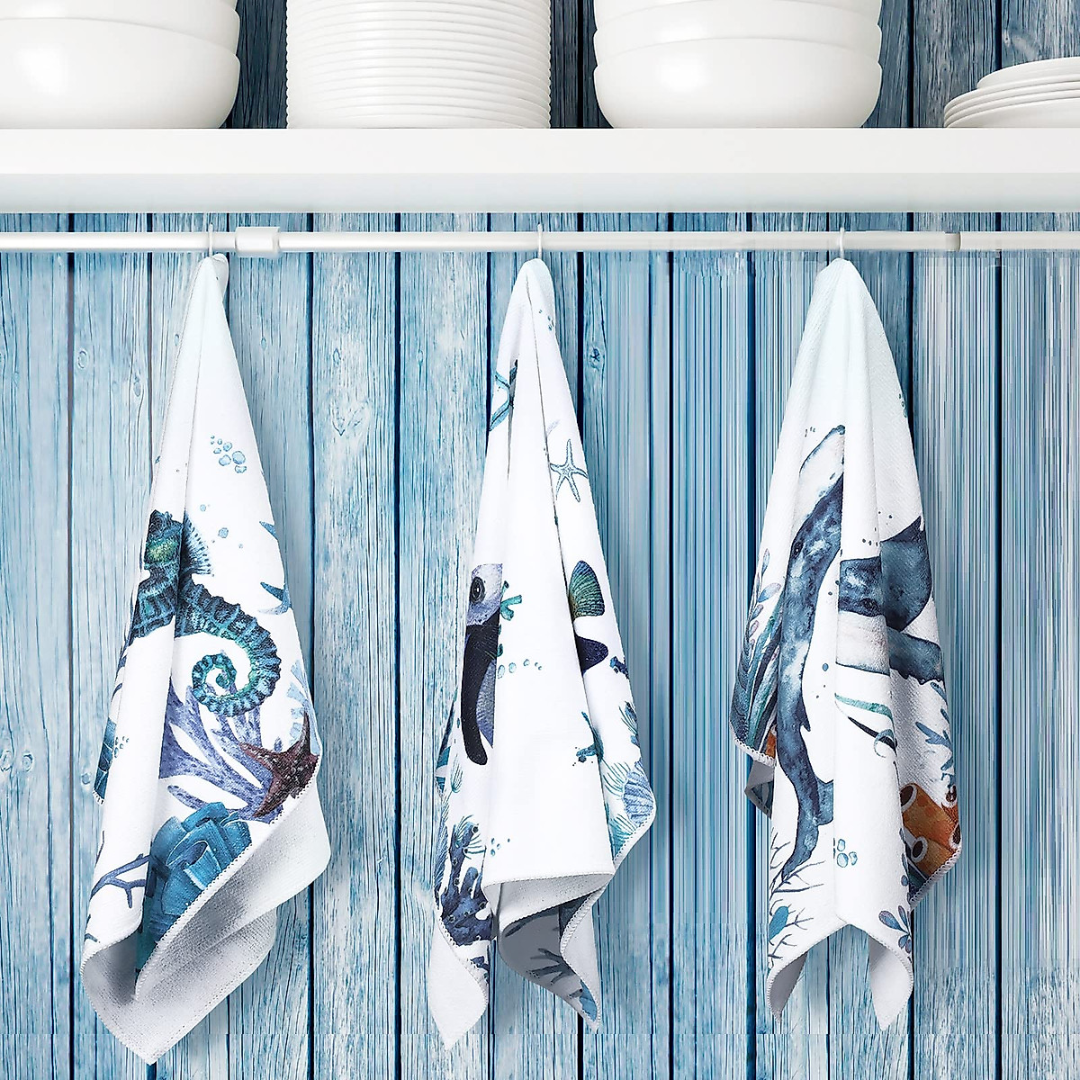 6 Pcs Beach Kitchen Towels Ocean Animal Bathroom Dish Towel Set Nautical Themed Hand Towels Summer Sea Soft Tea Towel Absorbent Dish Cloths for Kitchen Decorative Home, 15.7 x 23.6 Inch (Cute Style)