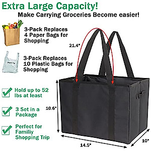 3-Pack Reusable Grocery Bags Collapsible Box Bag for Groceries Shopping Foldable Heavy Duty Tote Set with Extra Long Handles & Reinforced Bottom