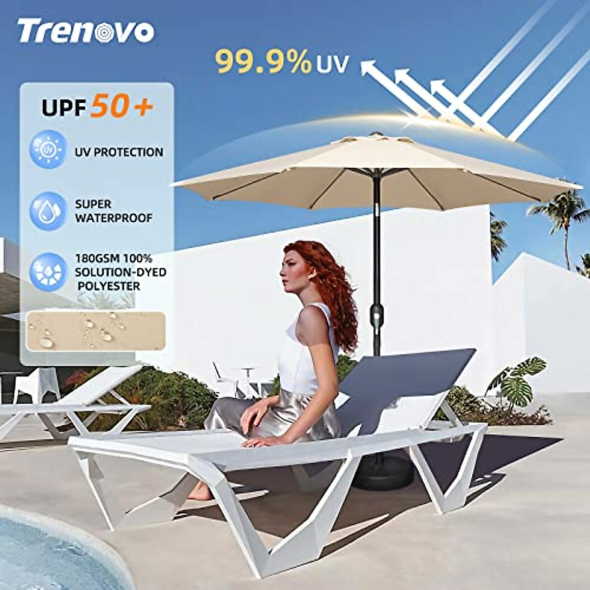 Trenovo 9 FT Outdoor Patio Umbrella -2023 Pro-Series Ultra Durable Table Umbrella with Push Button Tilt and Crank, Updated UV Protection Tech & 8 Reinforced Ribs, Waterproof Market Umbrella for Garden, Lawn, Deck, Backyard, Pool (Tan)