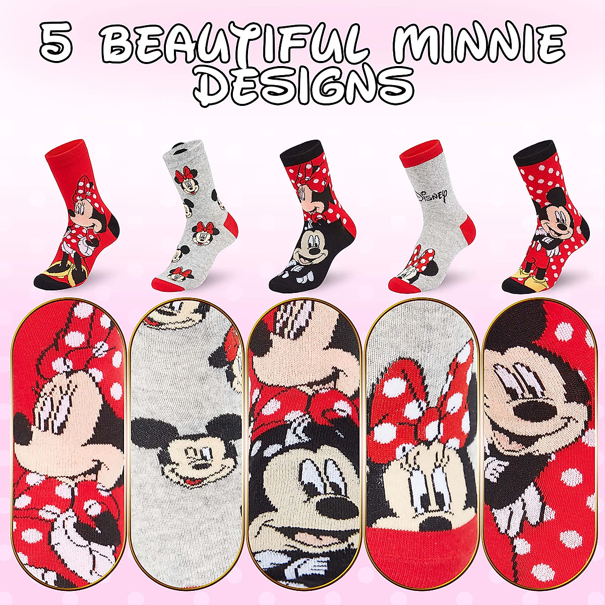 Disney Womens Novelty Socks, Pack of 5 Soft Calf Socks - Gifts for her (4/9 US, Red Minnie Mouse)