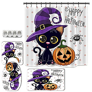 RLHHUG Cute Shower Curtain Set for Bathroom Decor, Pumpkin Cat Curtains 72×72 Inch with Absorbent Bath Mat, Washable Durable Decorative Plastic Curtain with Hooks, Toilet Contour Mat and Lid Cover