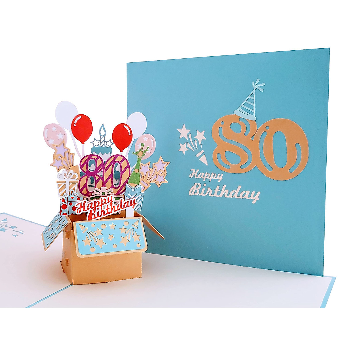 iGifts And Cards Happy 80th Blue Birthday Party Box 3D Pop Up Greeting Card – Eighty, Awesome, Balloons, Unique, Celebration, Feliz Cumpleaños, Fun, Fabulous