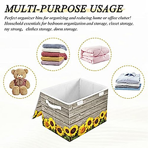 Sunflowers on Wooden Storage Bins with Lids Collapsible Storage Box Basket with Lid Closet Organizer Containers Storage Bins for Clothes for Clothes Closets Gift Organizing
