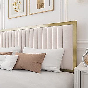 Full Size Bed Frame, Velvet Upholstered Platform Bed Frame Full Size, Golden Metal Bed Frame with Headboard and Footboard, Wooden Slat Support/Mattress Foundation/No Box Spring Needed, Golden/Beige