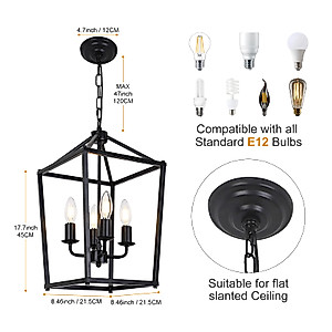 GZJunYo 4-Light Black Farmhouse Chandelier Light Fixture Iron Lantern Pendant Light Metal Cage Kitchen Hanging Light Fixtures for Kitchen Island, Dining Room, Entryway, Foyer, Hallway