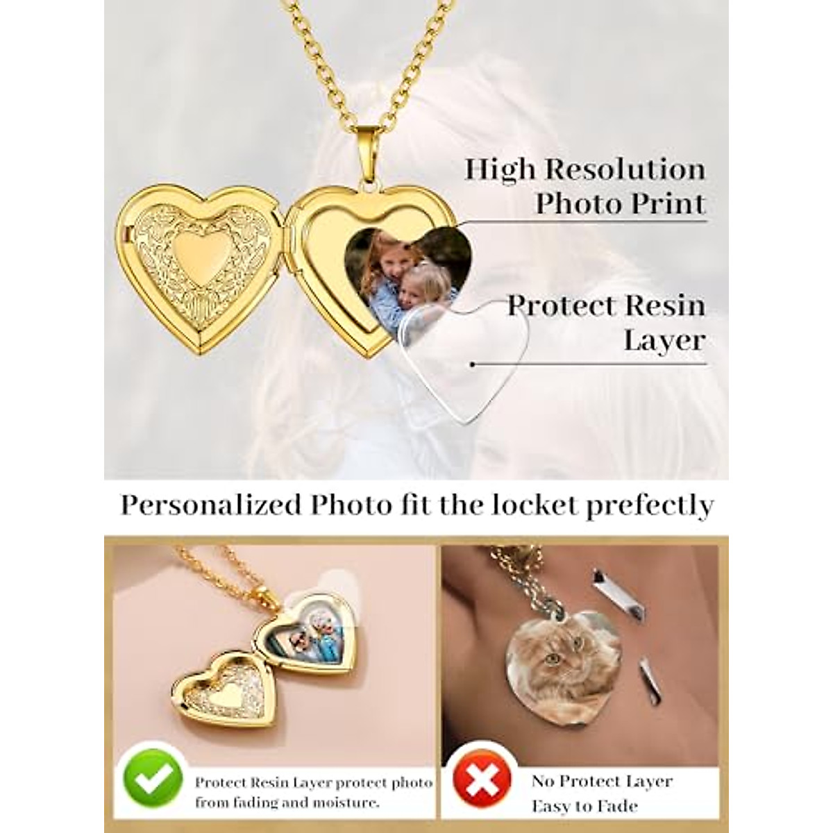 Gold Heart Lockets for Women, 18K Gold Plated Love Locket Necklace That Holds Pictures with 22 Inch Chain for Her Loving Jewelry