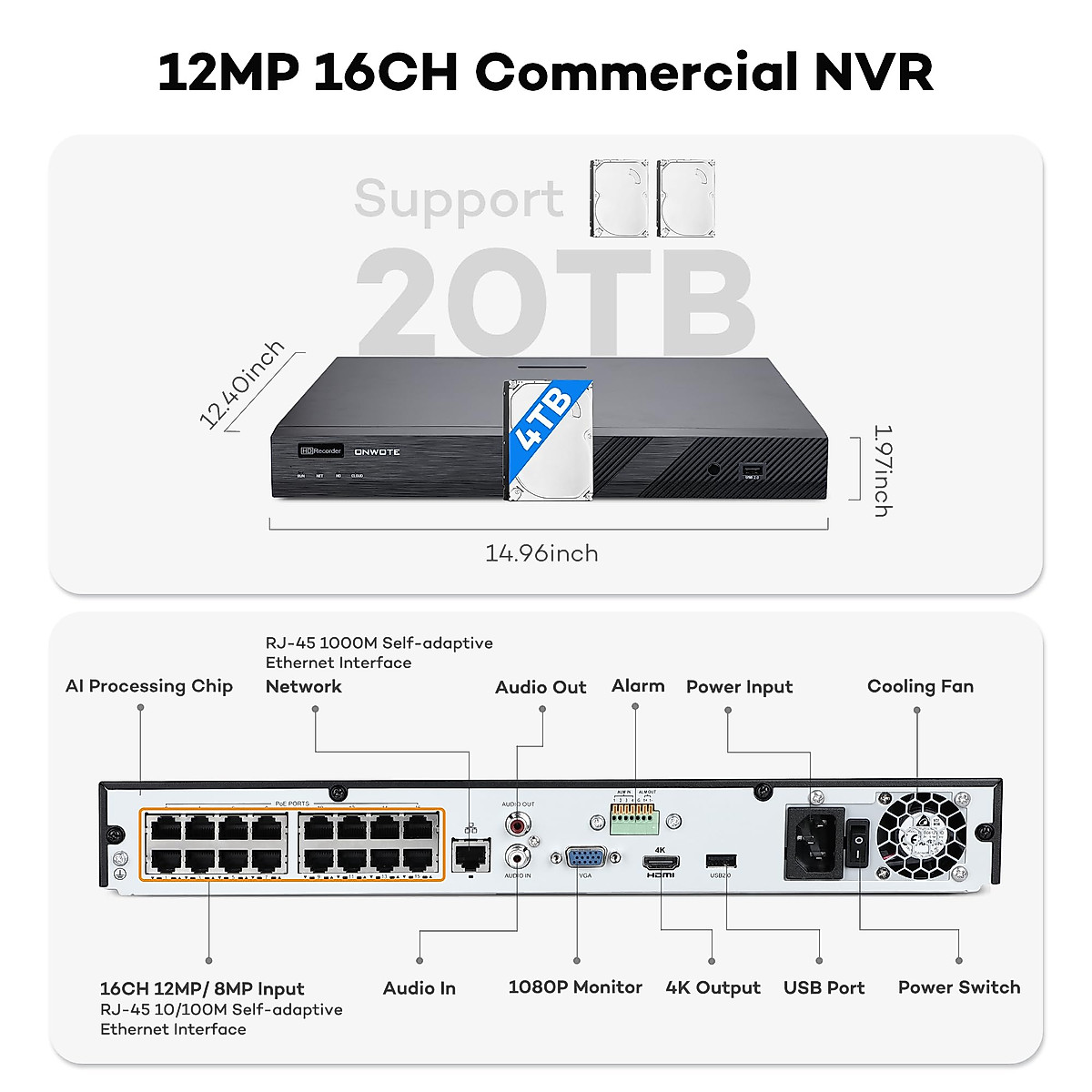 ONWOTE PoE Security Camera System 16 Channel, 12MP 4K 16CH Commercial NVR 4TB, 8X 6MP Outdoor 122° IP Cameras Wired, AI Detect Human Vehicle, 24/7 Video Audio Recording CCTV for Home Businesses