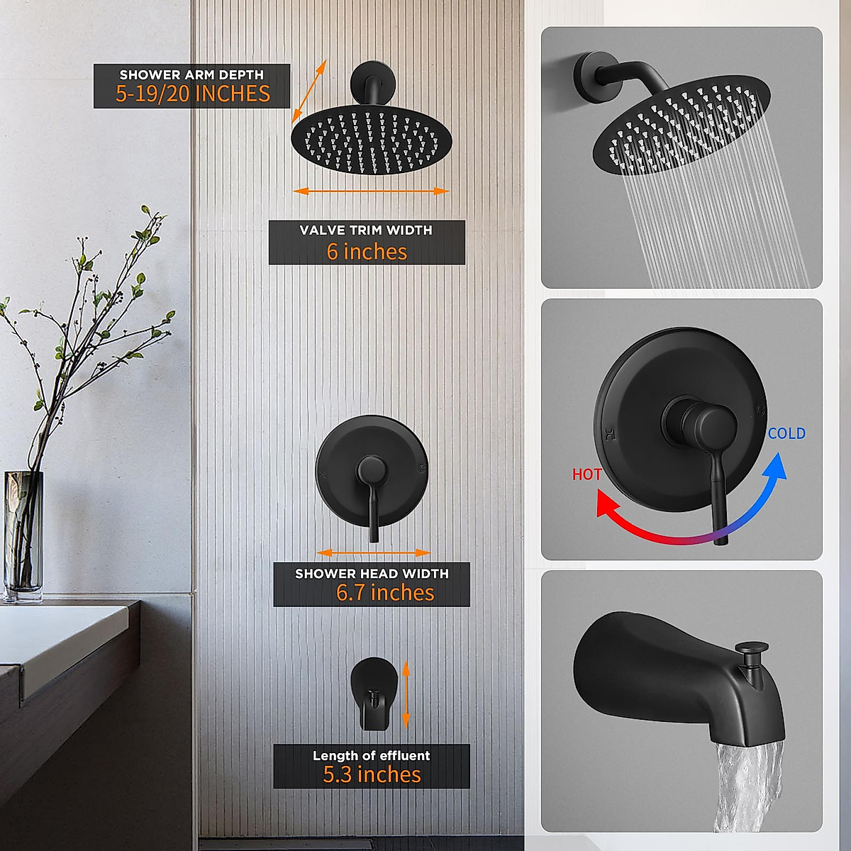 Tub Shower Faucet Set Valve Included with 6-Inch Rain Shower Head and Tub Spout Single-Handle Tub and Shower Trim Kit Matte Black