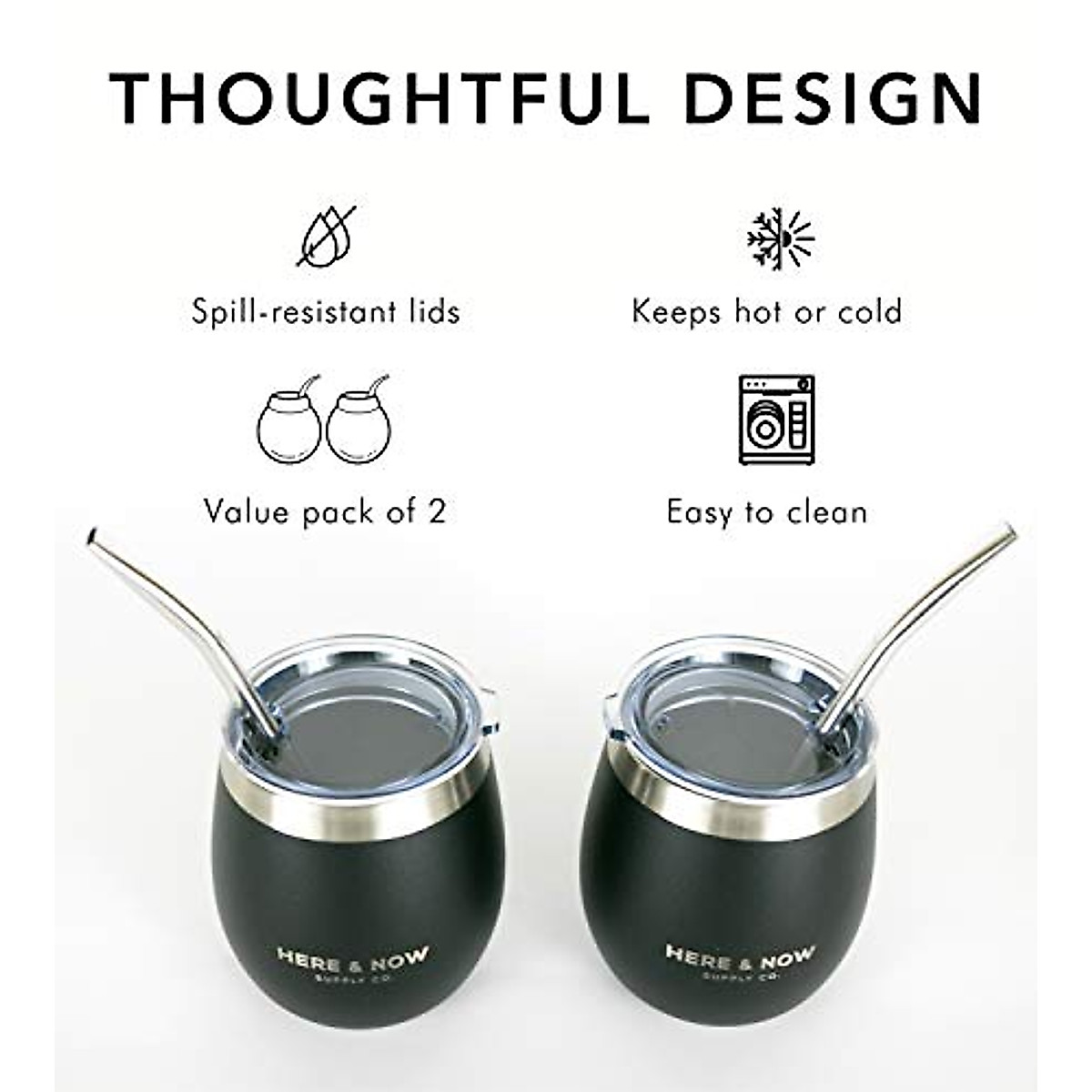 Here & Now Yerba Mate Cup and Bombilla Set | 2 Mate Gourds, Spill Resistant Lids, & Mate Straws | Bombilla Brush & Pouch Included | Yerba Mate Gourd Kit with Bombilla Mate & Mate Tea Cups (Black)