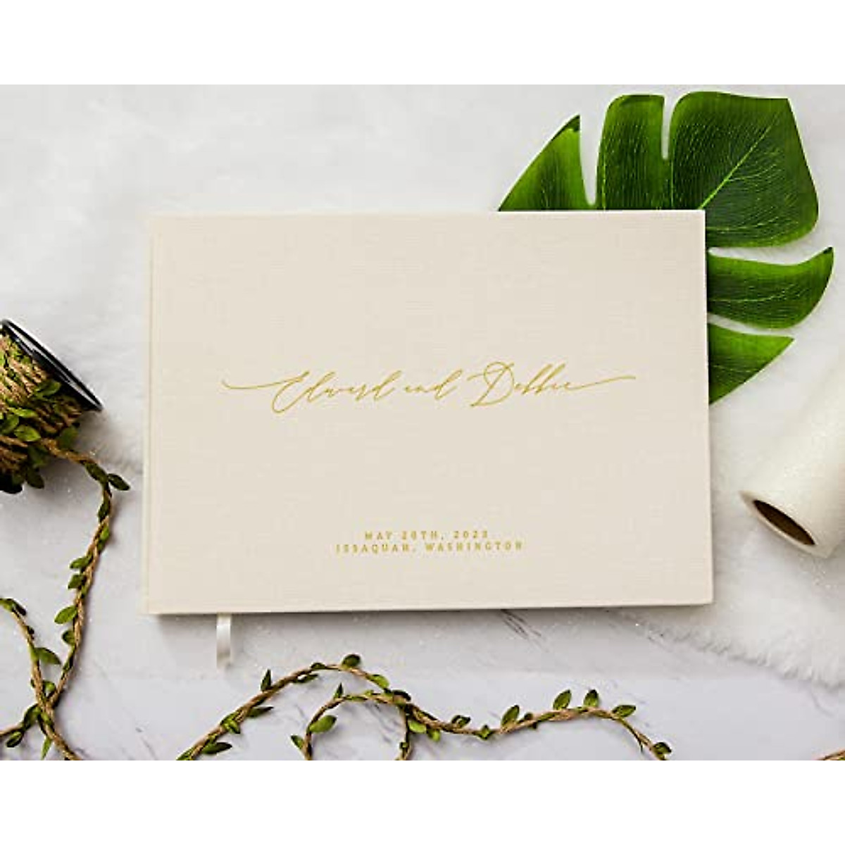 MUUJEE Personalized Guestbook in Cream - Premium Custom Modern Guest Book for Wedding Reception, Birthday Party or Events w/Bookmark Blank Pages for Signing 11.5 x 8.5 inches