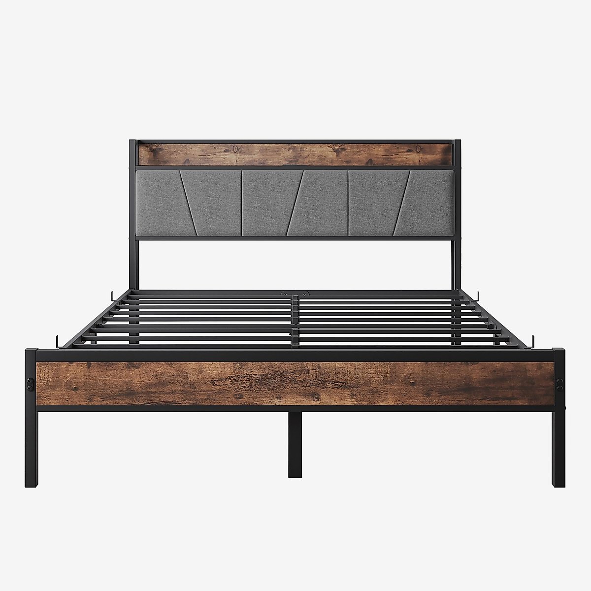 GJHOME Queen Size Bed Frame, Storage Headboard with Charging Station, Solid and Stable, Noise Free, No Box Spring Needed, Easy Assembly (Queen Size)