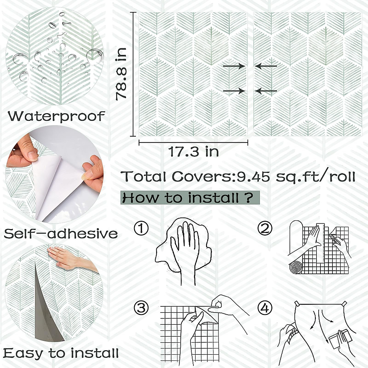 Modern Peel and Stick Wallpaper 17.3''×78.8'' Geometric Wallpaper Boho Contact Paper Green and White Self-Adhesive Wallpaper Removable Decorative Wallpaper for Bedroom Bathroom Cabinets Decor Vinyl