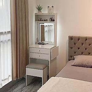 ARTETHYS Small Vanity Desk Set with 3 Adjustable Lighted Mirror and Storage Chair, Makeup Vanity Table for Small Space, White Dressing Table with Fold-up Panel for Bedroom