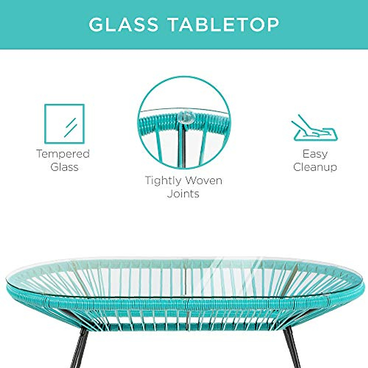 Best Choice Products 4-Piece All-Weather Acapulco Conversation Set, Outdoor Patio Furniture w/Loveseat, Woven Plastic Rope, Glass Top Table, 2 Chairs - Teal