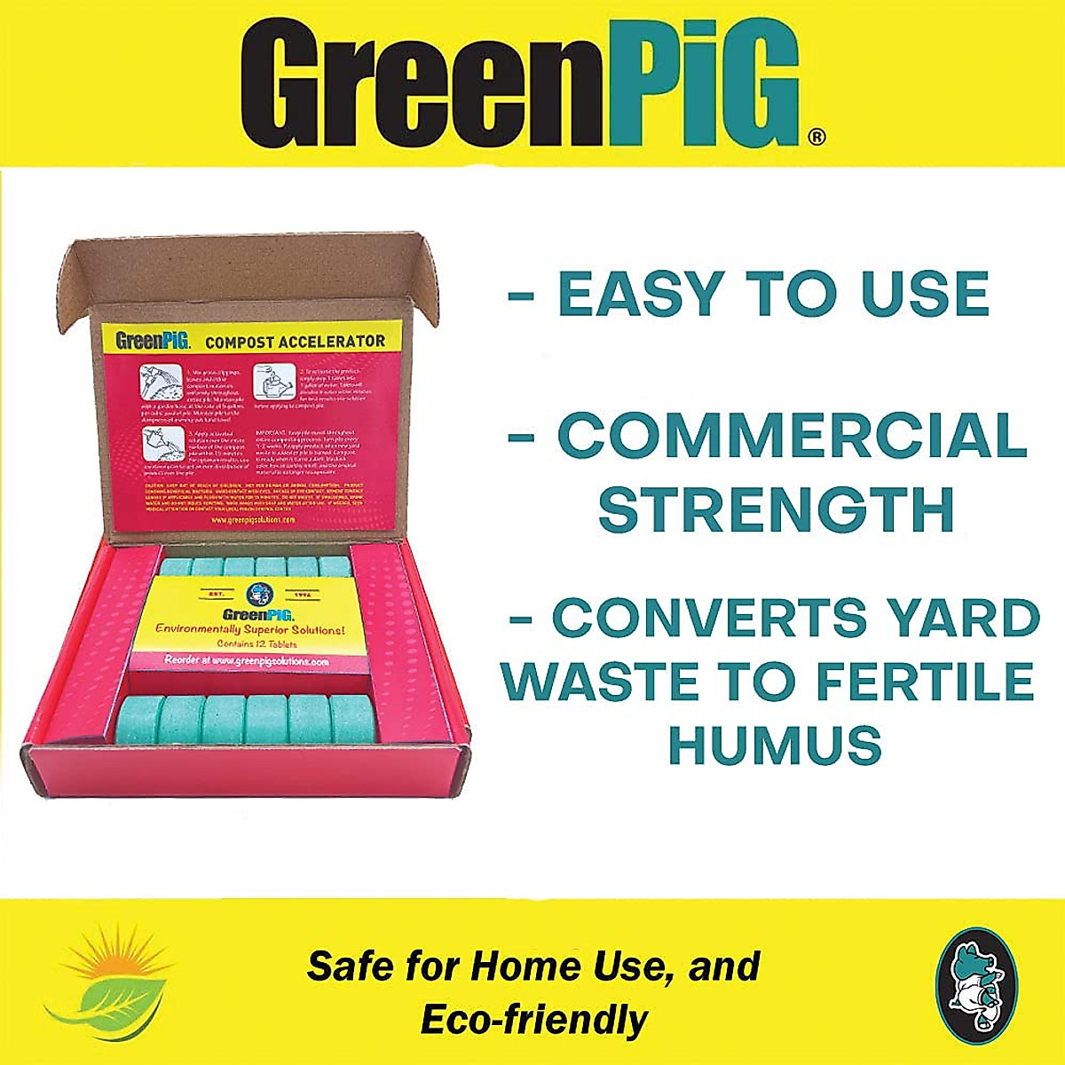 GREEN PIG Commercial Strength Compost Accelerator Converts Yard Waste to Fertile Humus in 30 Days and Helps Control Odors Associated with Compost Piles, 1 Box (12 Dissolvable Tablets)