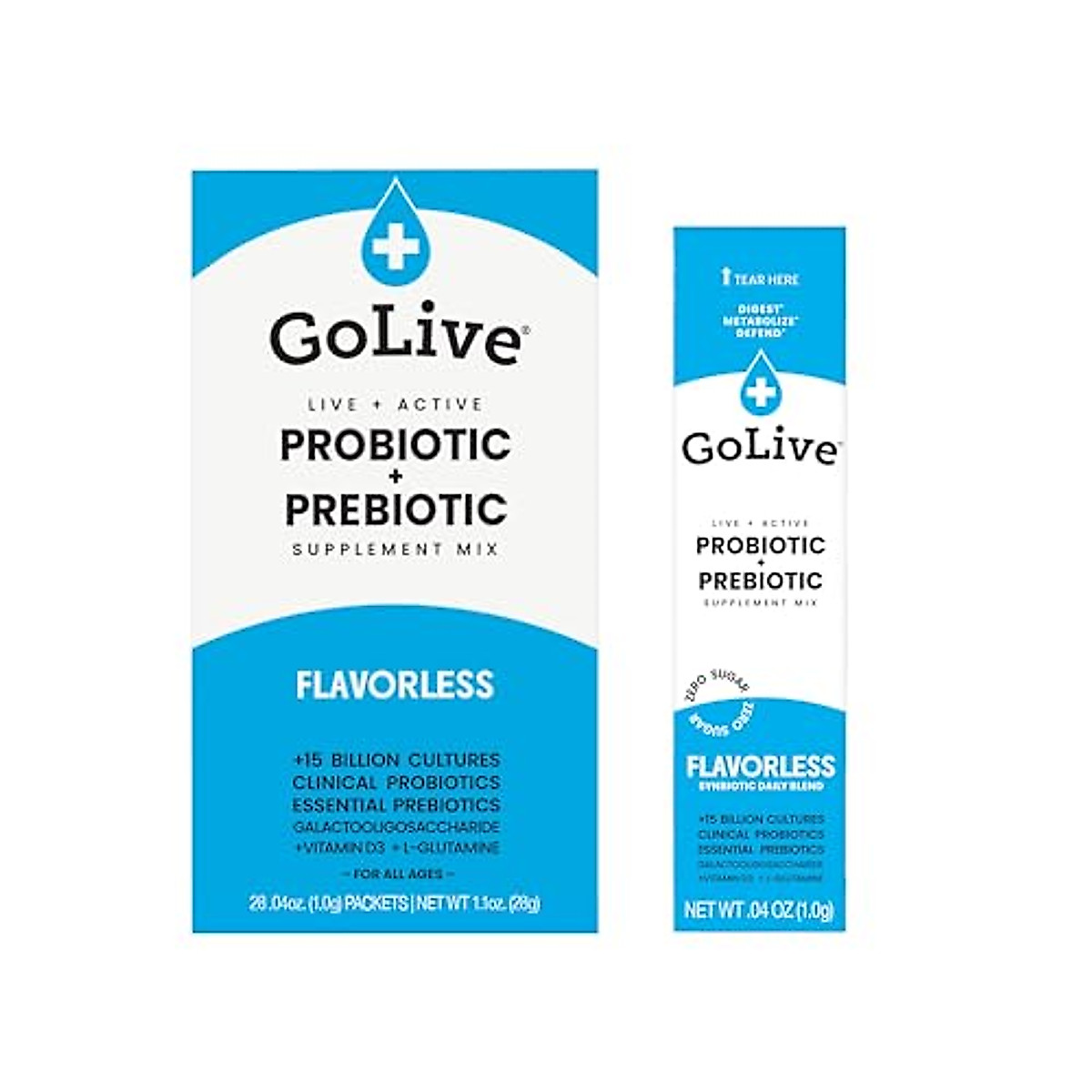 GoLIVE PROBIOTIC + PREBIOTIC SYNBIOTIC POWDER BLEND, Flavorless/Sugarless,for Women, Men & Kids For Better Gut Health,Digestion,Metabolism,Immunity, 10B-50B CFUs, Bimuno GOS+Vitamin D3+L-glutamine