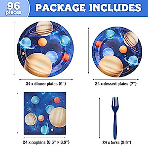 DECORLIFE Space Themed Party Supplies Serves 24, Space Party Plates, Napkins, Forks for Boys Birthday, Outer Space/Planet/Solar System Parties, 96 PCS