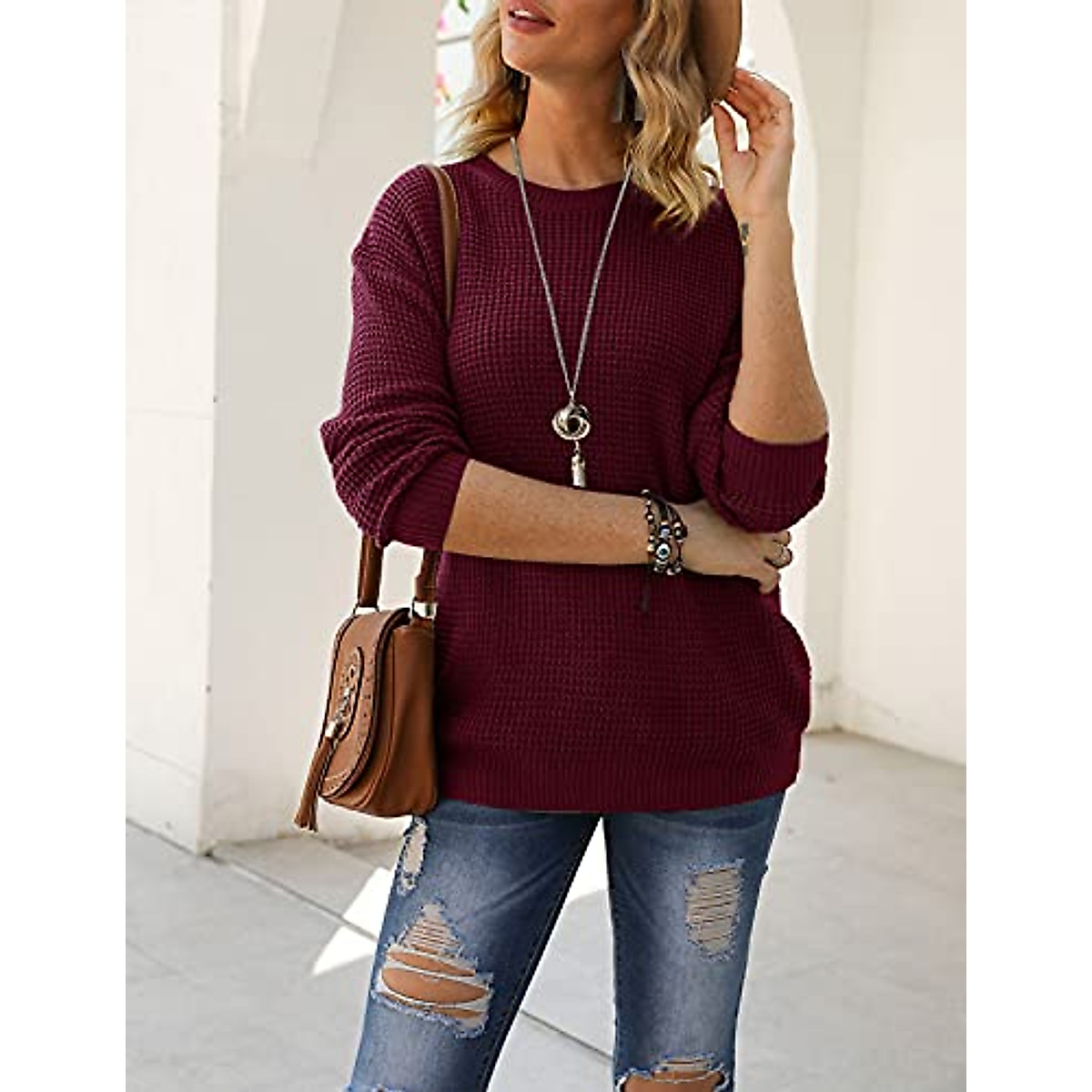 MEROKEETY Women's Long Sleeve Waffle Knit Sweater Crew Neck Solid Color Pullover Jumper Tops Wine