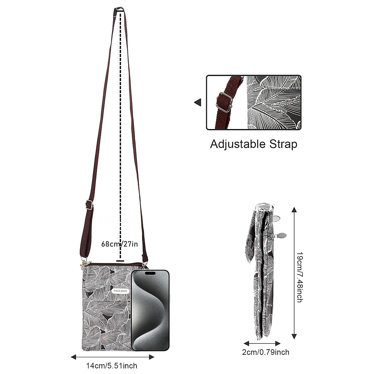 WITERY Small Canvas Cell Phone Purse Wallet- Handmade Cute Leaf Pattern Cross Body Phone Pouch with Shoulder Strap for Women Teen Girls