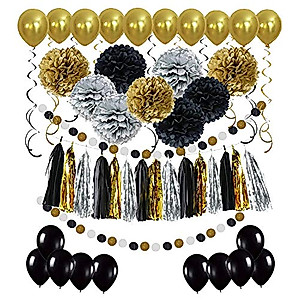 Black and Gold Party Decorations - Masquerade and Birthday Party Decorations with DIY Paper Pom Poms Flowers, Tassel Garland, Balloons, Hanging Swirl, Circle Paper Garland - 58Pcs