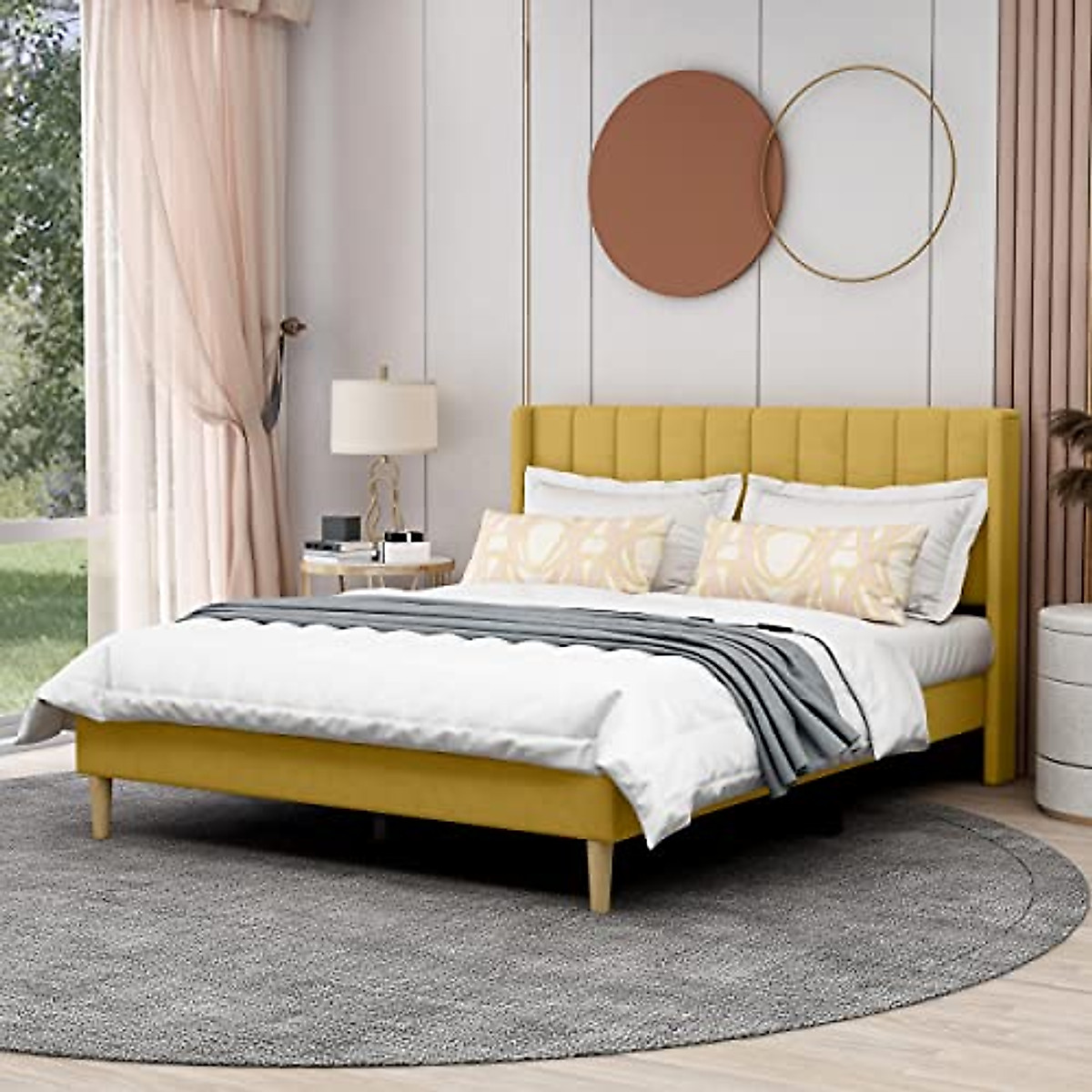 AGARTT Upholstered Platform Bed Frame Queen Size with Headboard and Footboard/Wooden Slats Support/No Box Spring Needed/Easy Assembly,Yellow Velvet