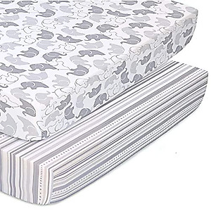 The Peanutshell Fitted Pack n Play, Playard, Mini Crib Sheets for Baby Boys or Girls | 2 Pack Set | Grey Elephant and Stripes