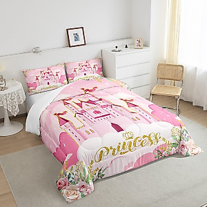 Princess Twin Bedding Sets for Girls,Pink Castle Dreamy Comforter Set Kids Bedroom Decor,Flowers Garden Princess Bed Set,Fairy Tale Theme Duvet Insert Cute Blanket,Gifts for Girls