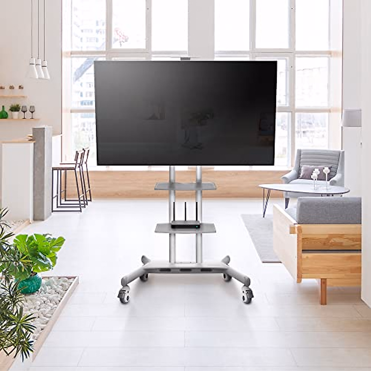 ONKRON Mobile TV Stand for 50-83 Inch LCD LED OLED TVs up to 200 lbs with TV Mount Tilt Adapter up to 10 Degrees and Swivel Locking Caster Wheels TS1881 White+ATL1881+AWL75wht (3 Items Bundle)