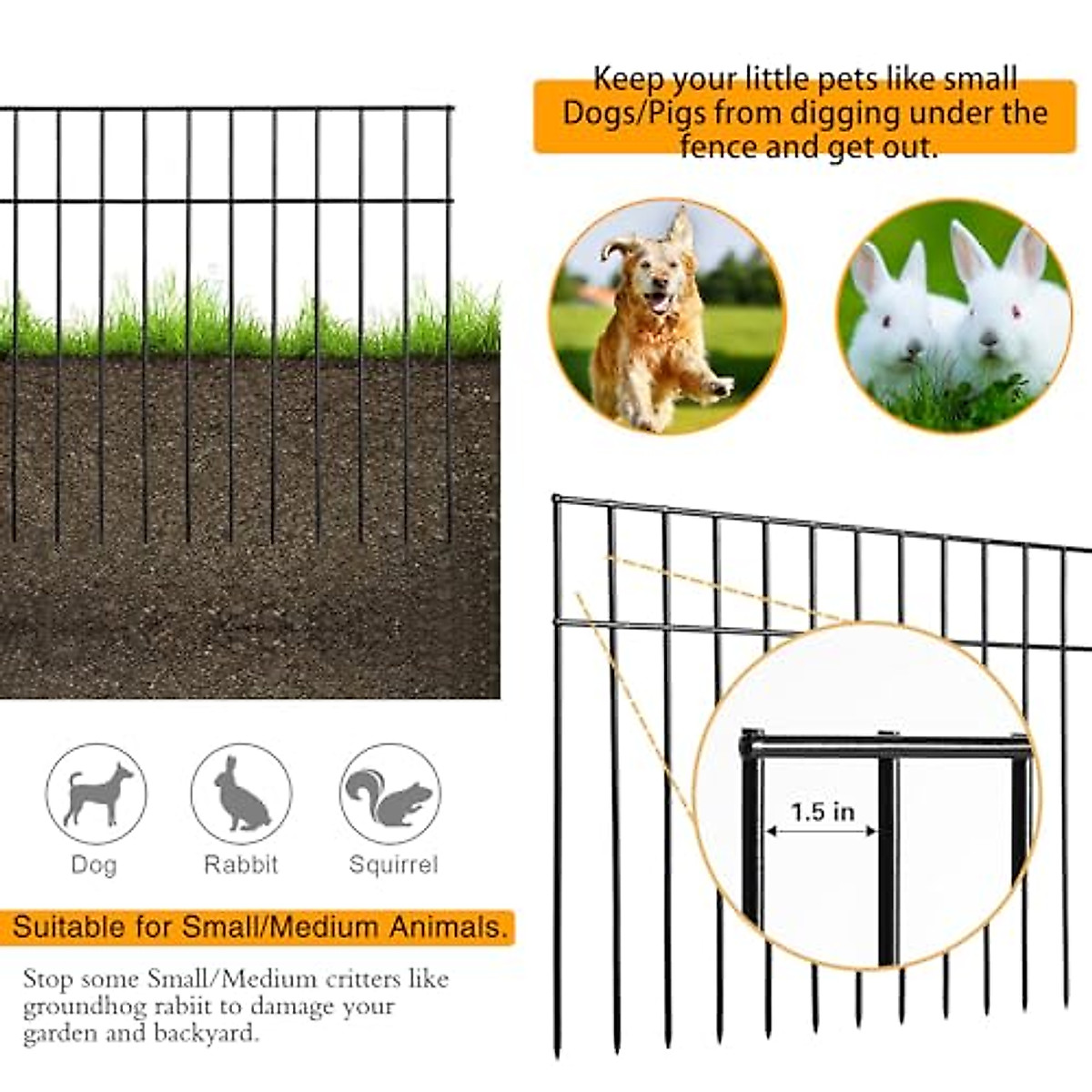 Adavin Small/Medium Animal Barrier Fence 10 Pack 24in(L) X 15in(H) Underground Decorative Garden Fencing, Dog Rabbits Fences Black Metal Fence Panel Ground Stakes for Outdoor Patio. Total Length 20Ft