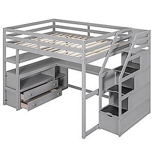 Harper & Bright Designs Gray Full Loft Bed with Staircase and Desk, Wooden Full Size Loft Bed with Storage Shelves & 2 Drawers, Full Loft Bed Frame with Step for Kids Boys Girls Teens