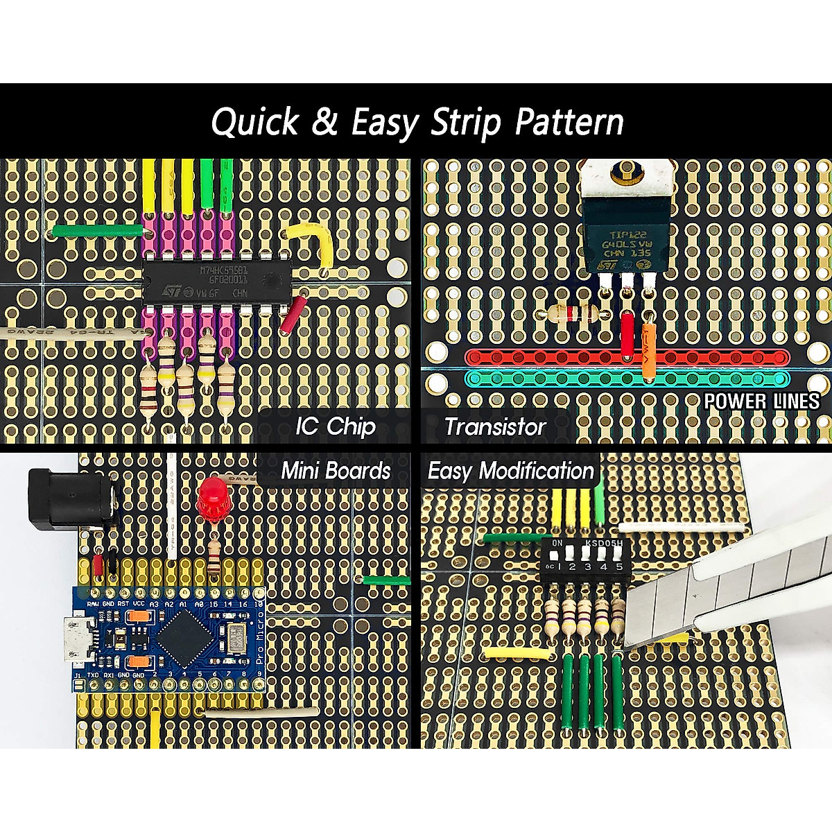 ElectroCookie PCB Prototype Board, Snappable Strip Board with Power Rails for Electronics Projects Compatible for DIY Arduino Soldering Projects, Gold-Plated, 3.8"x3.5" (2 Pack, Matte Black)