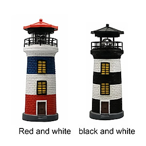 BWWNBY Lighthouse Decorative Light Solar Nautical Style Garden Lamp Patio Pathway Night Lighting Ornament LED Rotation Lawn Yard Lighthouse(Black+White)