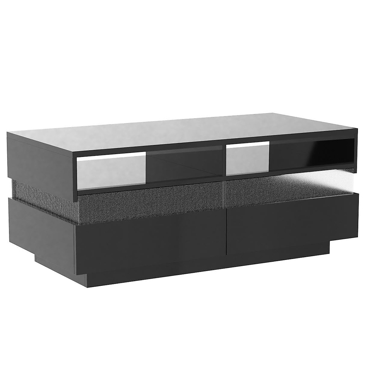 HOMFAMILIA Modern LED Coffee Table w/ 2 Big Storage Drawers,High Glossy 2-Tier Black Coffee Table w/ 60000-Color LED Lights,App Control,Rectangle Center Table w/Open Shelf for Living Room Bedroom