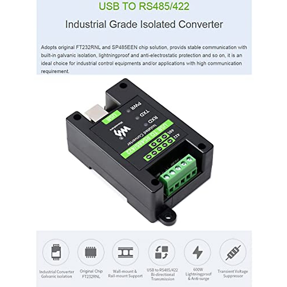 USB to RS485/422 Converter Onboard FT232RL and SP485EEN Chip, Industrial Isolated Adapter with Multiple Protection, Up To 1.2km Transmit Distance Linux, Android, WinCE, Win11/10/8.1/8/7/XP, Etc