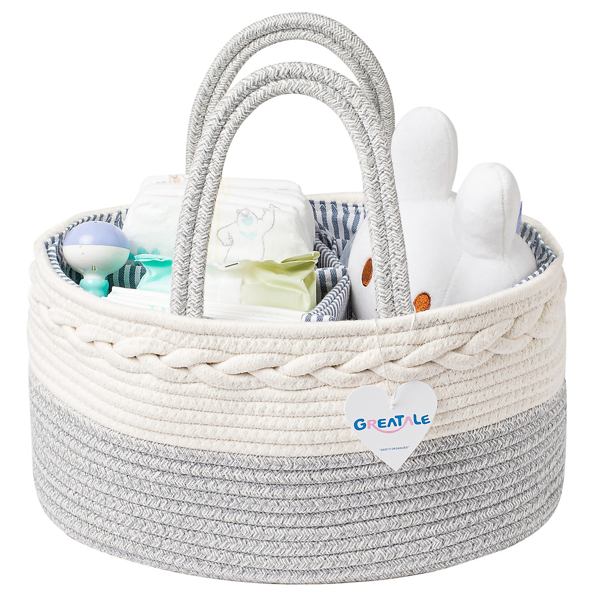 GREATALE Baby Diaper Caddy Organizer - Portable Rope Nursery Storage Bin for Changing Table & Car - Diaper Storage Basket with Removable Divider (Light Grey)