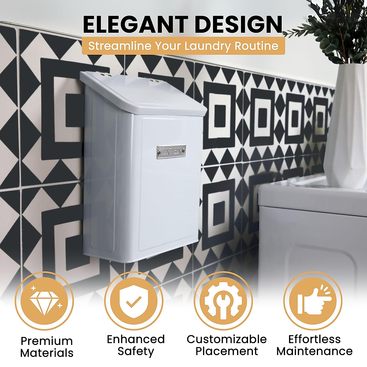 Embossed Magnetic Lint Bin For Laundry Room | Modern Farmhouse Laundry Lint Bin | Lint Trash Can For Laundry Room | White Lint Bin For Laundry Room Magnetic | Space Saving Storage Laundry Bin with Lid