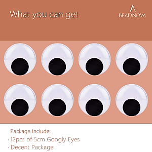 BEADNOVA Black Wiggle Googly Eyes Wobbly Eyes with Self Adhesive Sticker for DIY Craft Scrapbooking (50mm, 12pcs)
