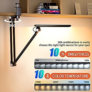 Reifeiniwei LED Desk Lamp,Dimmable 10 Color Modes 2700K-7000K & 10 Brightness,Swing Arm Table Light with Clamp,Eye-Caring Clip-on Lamps with Memory Function for Reading Work Study 700LM-Black…