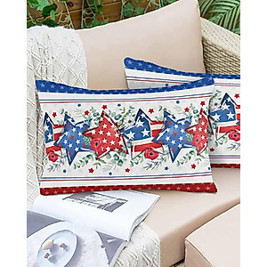 JasmineM Independence Day Star Outdoor Pillow Covers 20x12inch Set of 2, Polyester Waterproof Throw Pillow Covers Garden Cushion Decorative Case for Patio Couch Decoration, Eucalyptus Leaves Blue Red