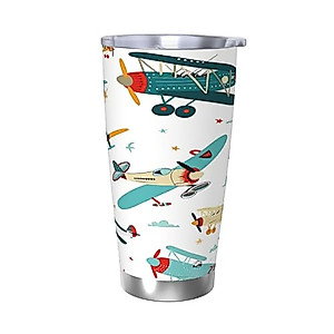 AYCZN Vintage Planes 20 OZ Tumbler Stainless Steel Travel Coffee Mug, Cartoon Aircraft Insulated Water Bottle with Lid and 2 StrawsLeakproof Thermal Cup