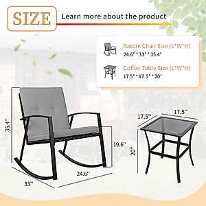 Walsunny 3 Pieces Patio Set Outdoor Wicker Patio Furniture Sets Modern Rocking Bistro Set Rattan Chair Conversation Sets with Coffee Table (Grey)