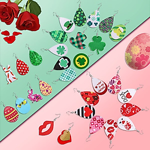 30 Pairs Valentines Day Earrings St Patricks Day Easter Faux Leather Earrings Set for Women Multipack Teardrop Drop Leather Earrings Heart Gnome Clover Green Hat Cute Egg Bunny Dangle Holiday