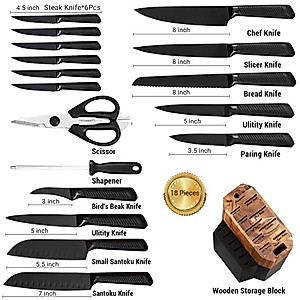 Knife Set,18 Pieces Kitchen Knife Set with Wooden Block,High Carbon German Stainless Steel Knife Block Set,Ultra Sharp, Full-Tang Design with Black Coating