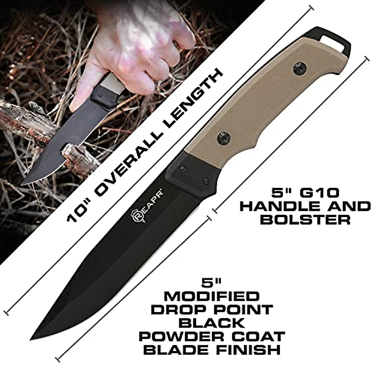 Reapr 11009 5" Brigade Full Tang Fixed Blade Knife, Modified Drop Point Blade, Dual G10 Handle, Ballistic Nylon Sheath, For Outdoor, Tactical, and EDC