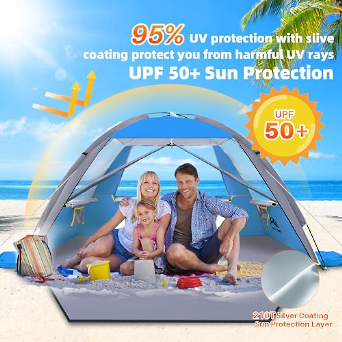 Happy Travel Beach Tent Sun Shelter for 3/4/5/6/7/8 Person, Portable UPF 50+ UV Protection Beach Shade Canopy for Family & Baby, Lightweight & Easy Setup Beach Cabana with 3 Ventilation Mesh Windows