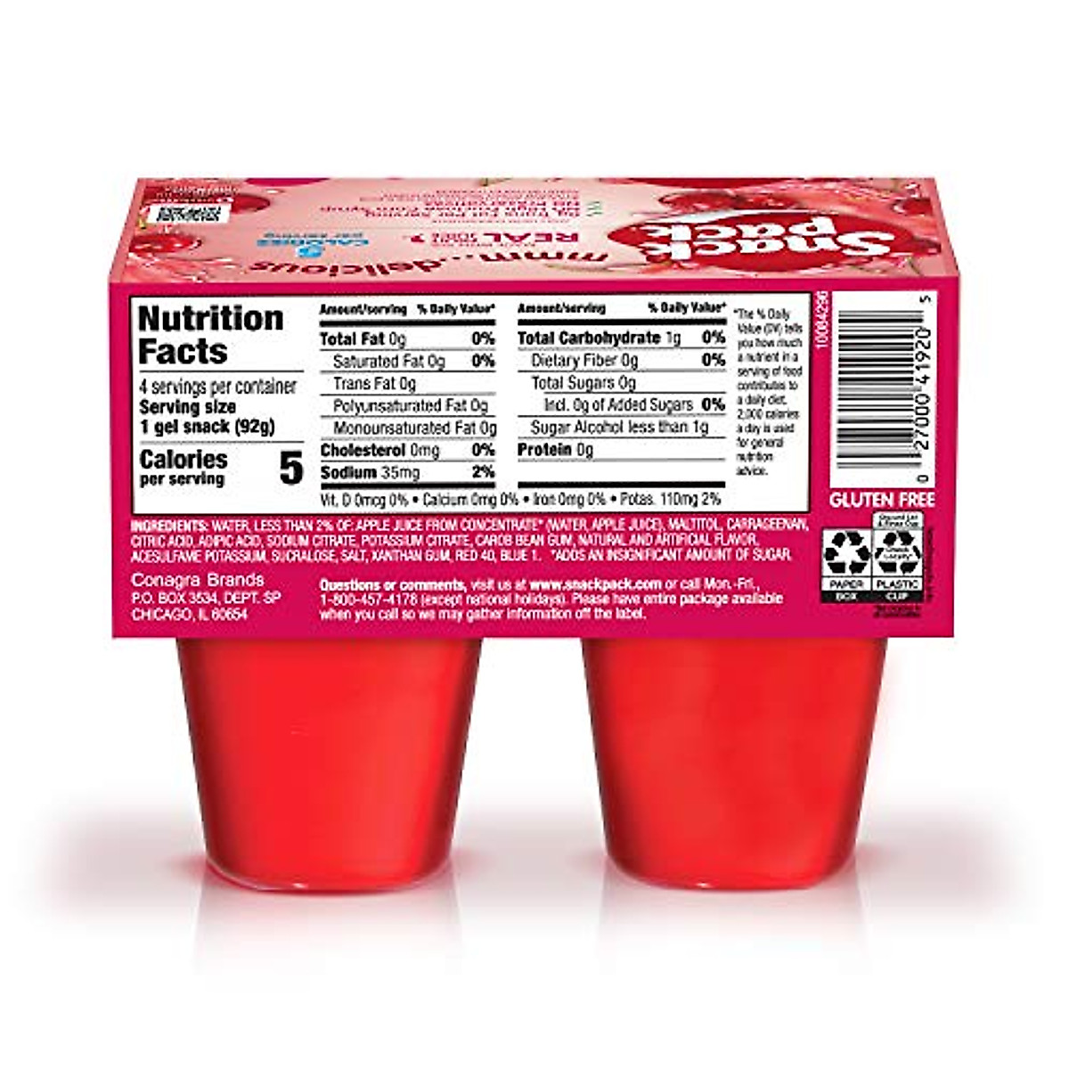 Snack Pack Sugar Free Cherry Flavored Juicy Gels, 4 Count Snack Cups