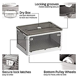 WYZworks Collapsible Storage Boxes with 5 sides Opening - Foldable Stackable Plastic Storage Box Tote w/Wheels Designed for Clothing, Snack Pantry, Toys, Side Latching Locks - 42L - White